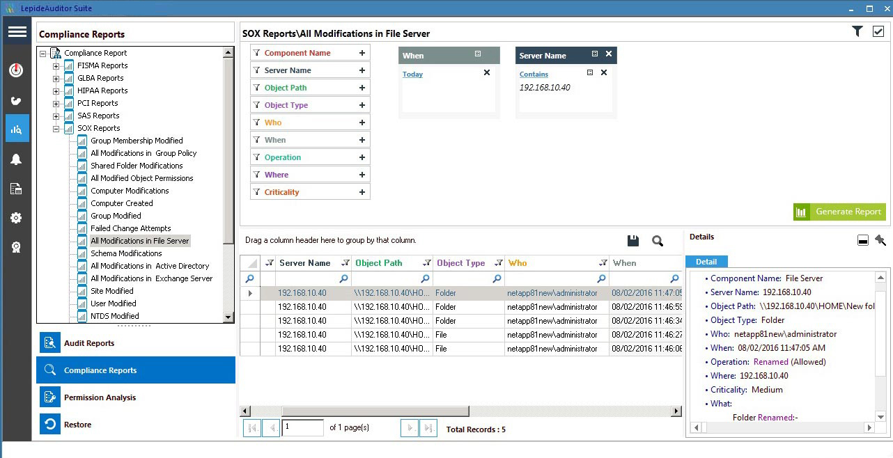 NetApp Filer Change Auditing & Reporting with LepideAuditor for File Server